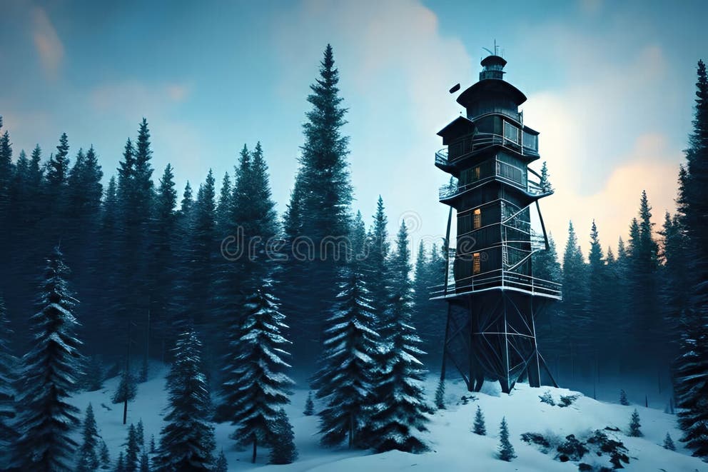 A Fire Watch Tower in the Middle of the Forest with Snow Stock ...