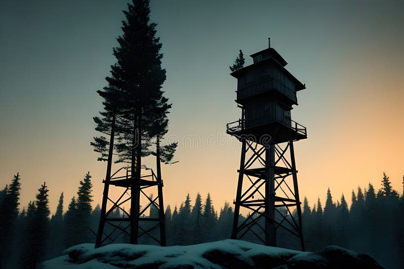 A Fire Watch Tower in the Middle of the Forest with Snow Stock ...