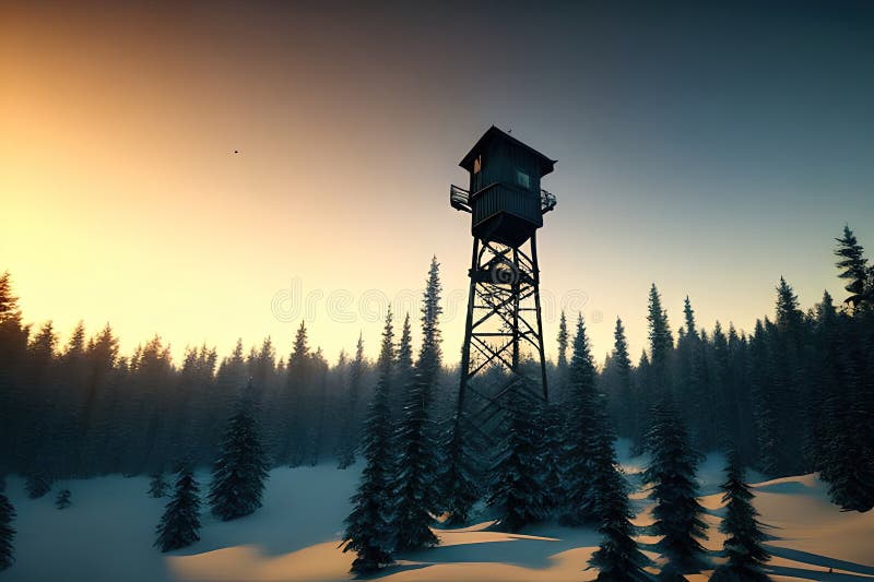 A Fire Watch Tower in the Middle of the Forest with Snow Stock ...