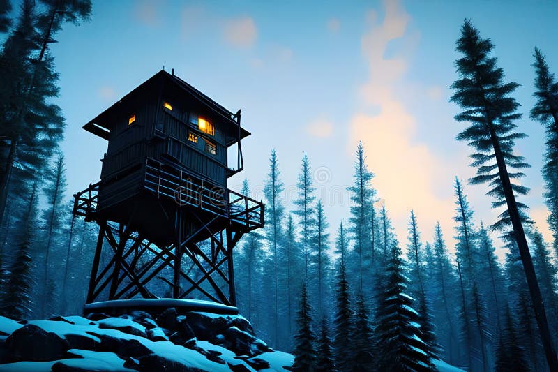 A Fire Watch Tower in the Middle of the Forest with Snow Stock ...