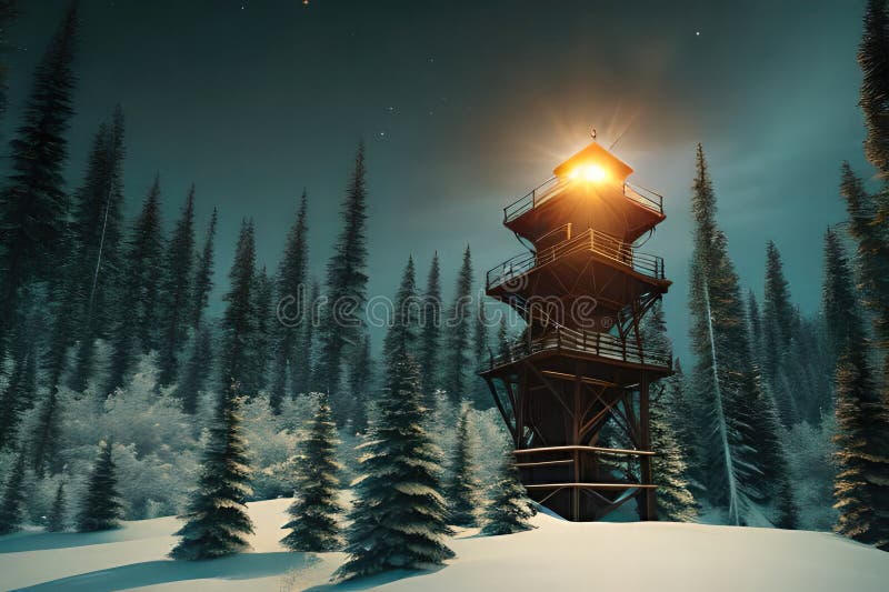 A Fire Watch Tower in the Middle of the Forest with Snow Stock ...