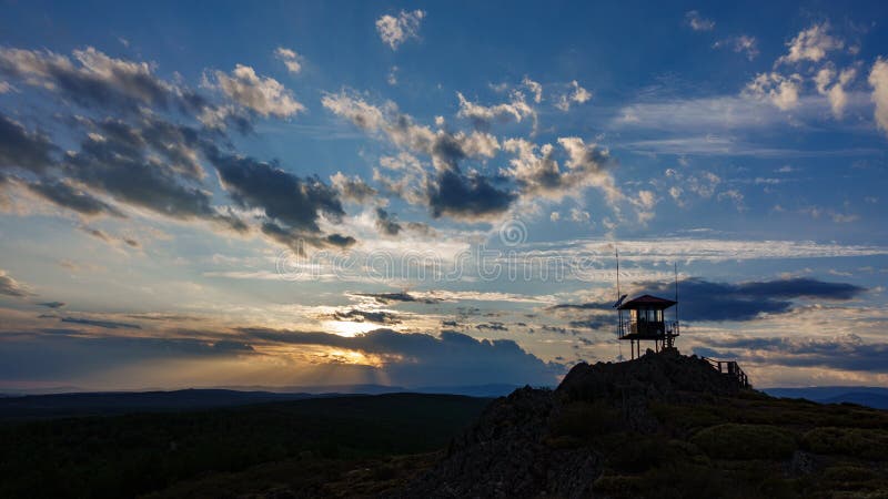 Fire Watching Hut at Dusk, Backlight Stock Image - Image of clouds ...