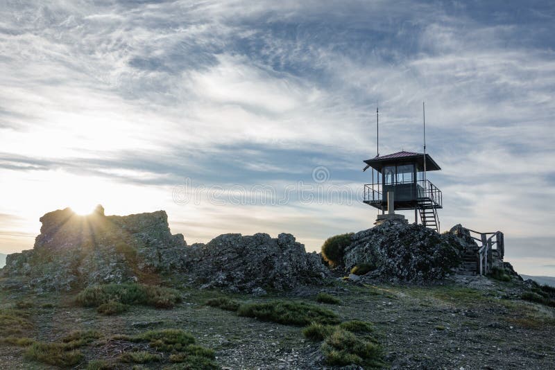 Fire watching hut at dusk stock image. Image of tower - 100381547