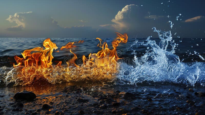 Fire and Water Clashing on the Shore Stock Illustration - Illustration ...