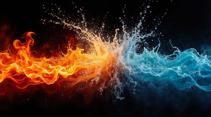 Fire and Water Collide, Creating Energy Explosion Stock Illustration ...