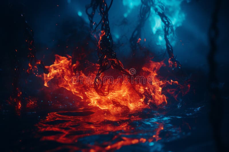 Fire and Water in the Dark with Blue and Red Lights Stock Photo - Image ...