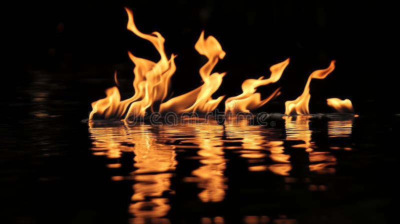 Fire on Water with Dramatic Reflection at Night, Mysterious Nature ...