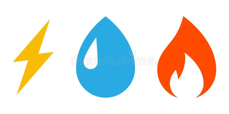 Fire, Water Drop and Flash Icon Set Stock Illustration - Illustration ...