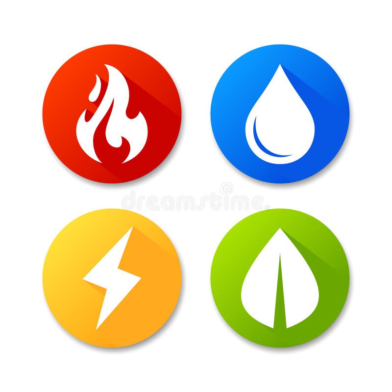 Fire, Water, Electricity, and Leaf Icon Set Stock Vector - Illustration ...