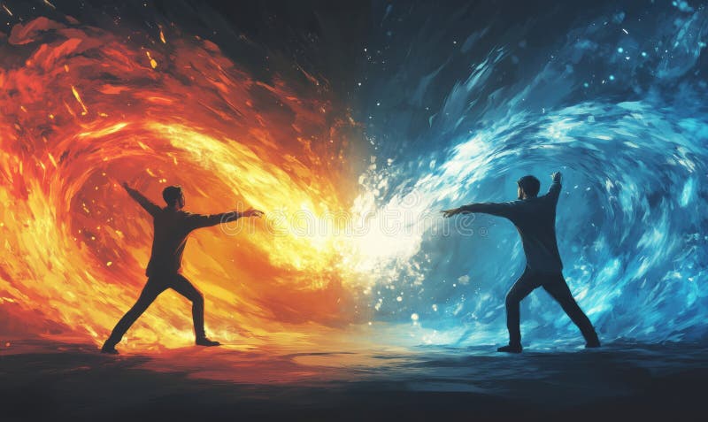 Fire and Water Elemental Duel, Two Figures Channeling Opposing Forces ...