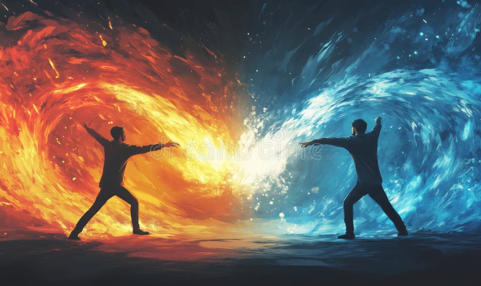 Fire and Water Elemental Duel, Two Figures Channeling Opposing Forces ...
