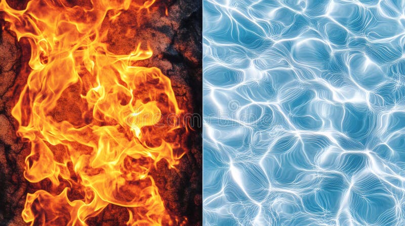 Fire and Water Juxtaposed in Split Screen, Symbolizing Opposing Forces ...