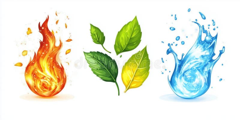 Fire, Water, and Leaf Symbols Representing Elements of Nature Stock ...