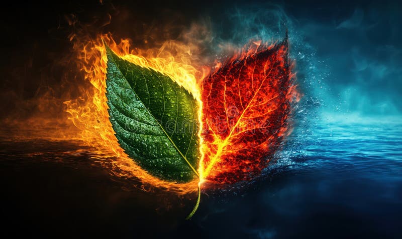 Fire and Water Leaves Symbolizing Nature S Balance and Elemental Forces ...