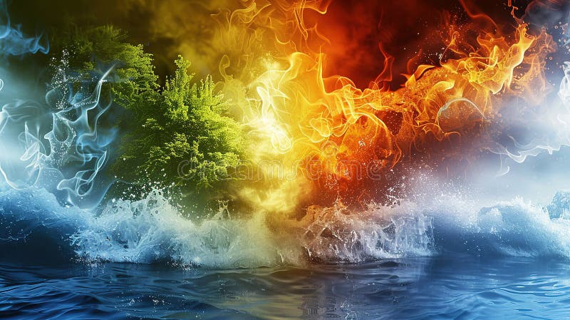 Fire, Water, and Nature in Harmony Stock Illustration - Illustration of ...