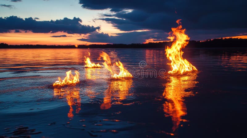 Fire on Water at Sunset, Dramatic Natural Phenomenon. Mystical Evening ...