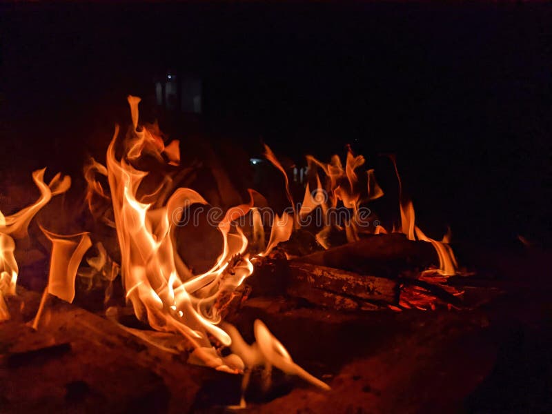 Fire in Wood on Dark Night in Front of House Stock Photo - Image of ...