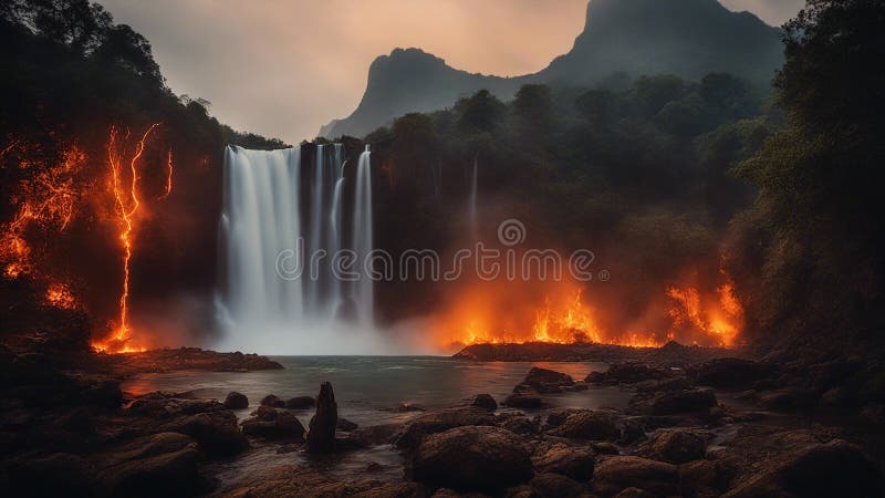Fire in the Woods Horror Waterfall with Fire, with a Landscape of ...
