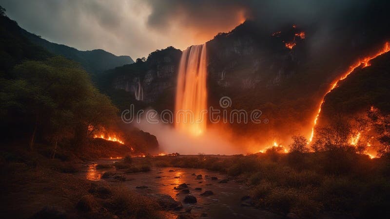 Fire in the Woods Horror Waterfall of Fire, with a Landscape of Burning ...