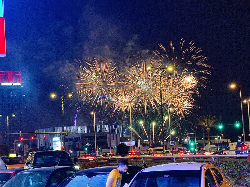 Fire works in dubai marina stock image. Image of town - 260874553