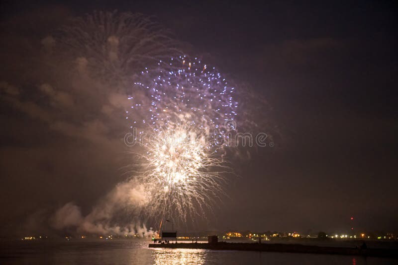 Fire Works on River in Summer Night Stock Photo - Image of fire, night ...