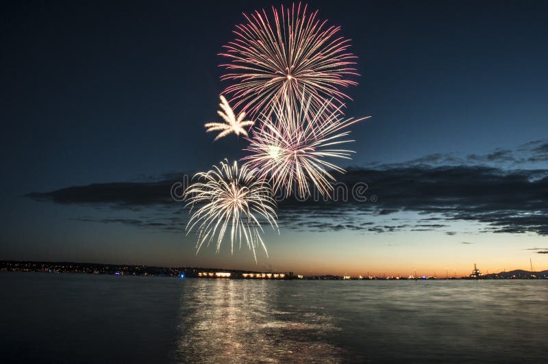 Fire works and water stock photo. Image of water, beach - 74972500