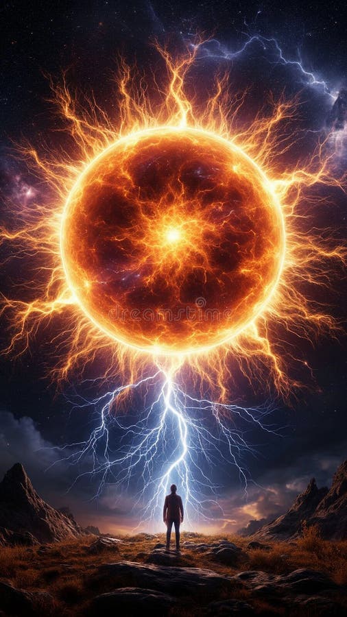 A Fireball Emitting Fiery Rays and Lightning Stock Illustration ...