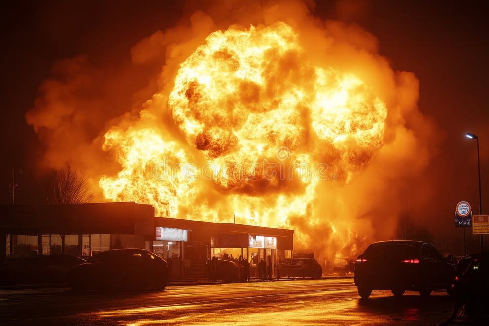 Fireball Exploding Behind Commercial Building Illuminating the Night ...