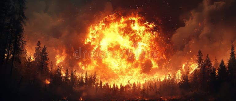 Fireball Exploding in Forest, Bright Flames and Smoke Stock ...