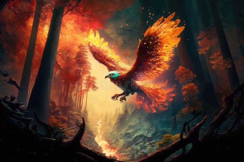 Firebird Flying Over Lush Forest, Setting Trees on Fire with Its Fiery ...