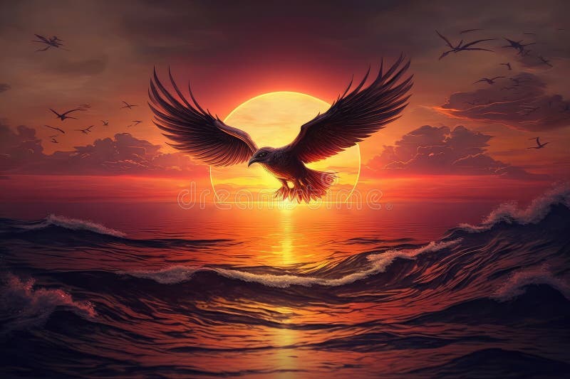 Firebird Flying Over Sea, with the Sun Setting in the Background Stock ...