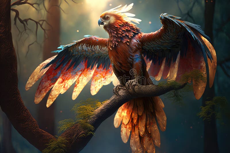 Firebird Perched on Tree Branch, Spreading Its Wings and Feathers Stock ...