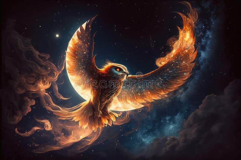 Firebird Soaring through the Night Sky, Its Wings Illuminated by the ...
