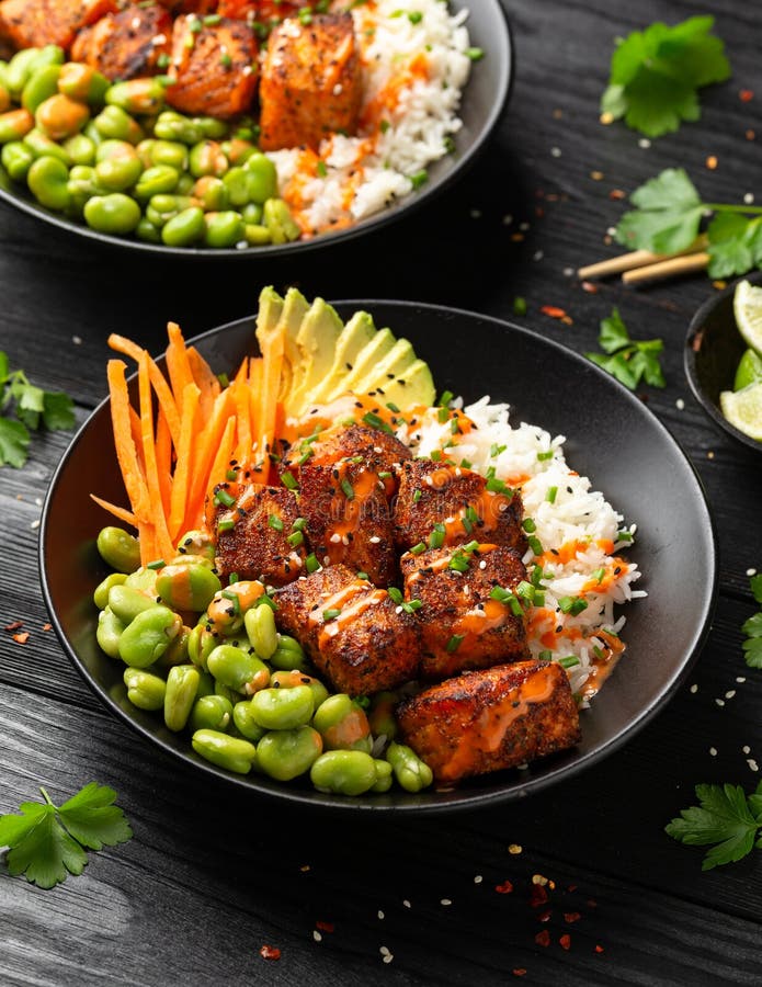 Firecracker Salmon Poke Bowl with Edamame, Avocado Carrot and Rice ...