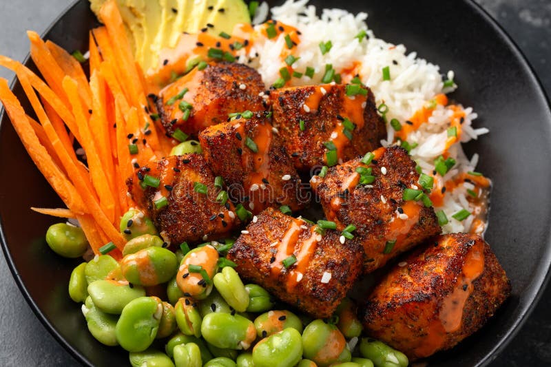 Firecracker Salmon Poke Bowl with Edamame, Avocado Carrot and Rice ...