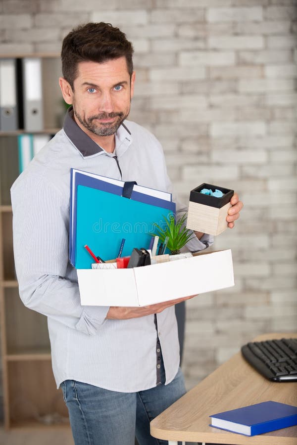Fired Male Office Worker with Box Personal Stuff Stock Photo - Image of ...