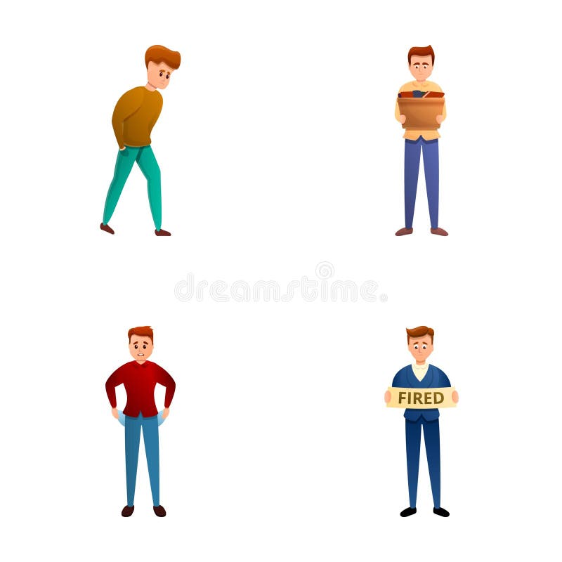 Fired Manager Icons Set Cartoon Vector. Sad Man Employee with Walking ... Fired Manager Icons Set Cartoon Vector. Sad Man Employee with Walking ...
