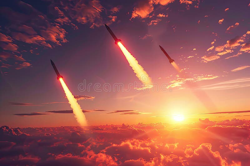 Fired Missiles Fly in the Sky. Stock Photo - Image of symbol ...