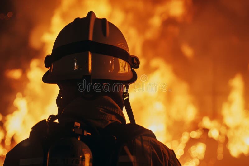 Firefighter in Action Against Raging Fire at Night Stock Image - Image ...