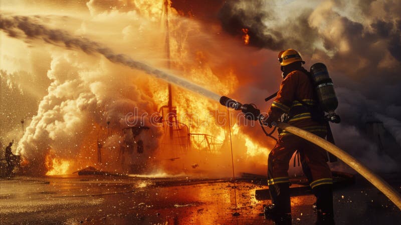 Firefighter in action stock photo. Image of urgent, protective - 364395392