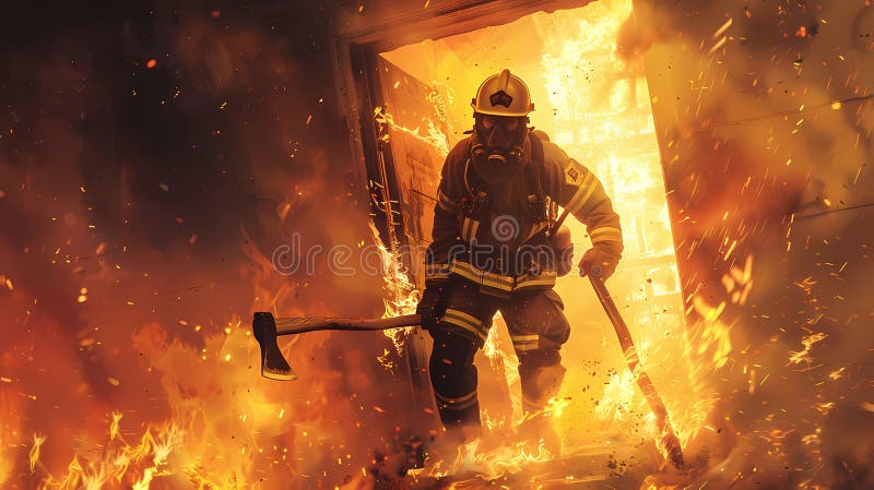 Firefighter in Action, Firefighters Fighting a Fire in a Burning ...