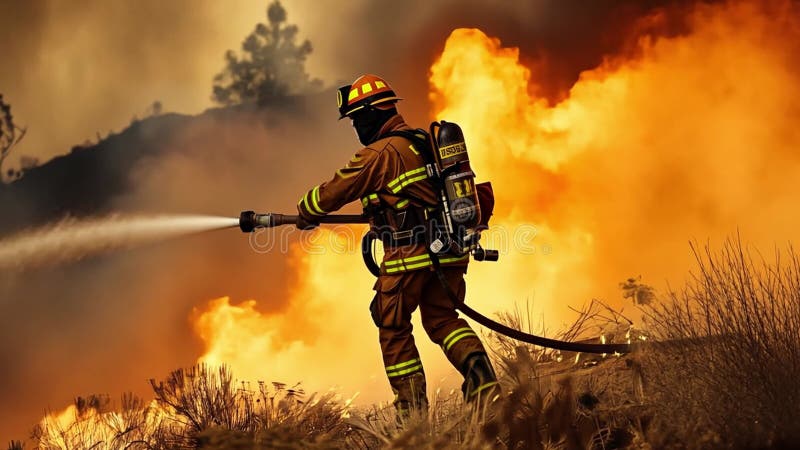 Courageous Firefighter Battles Raging Wildfire in Forest during Sunset ...