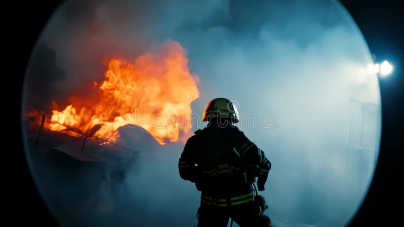 Firefighter Approaching a Large Blaze, Fireball Lighting Up the Night ...