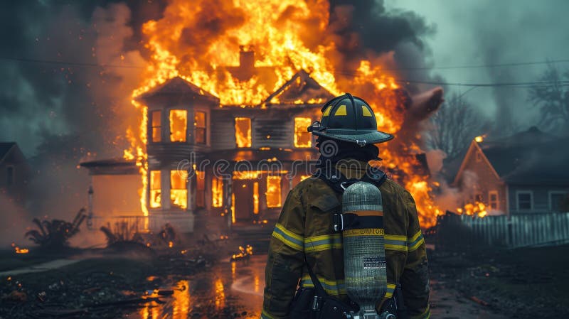 A Firefighter Arrived To Extinguish a Burning House . the House is on ...