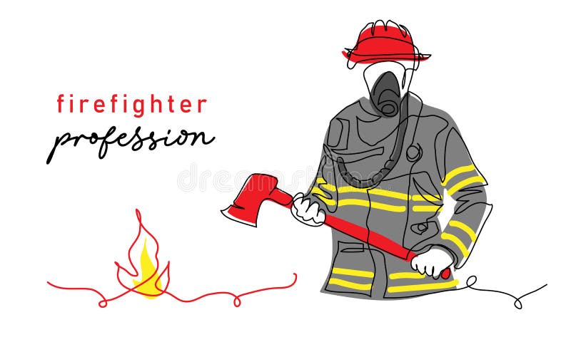 Firefighter with Ax in Red Helmet and Uniform. One Continuous Line Art ...