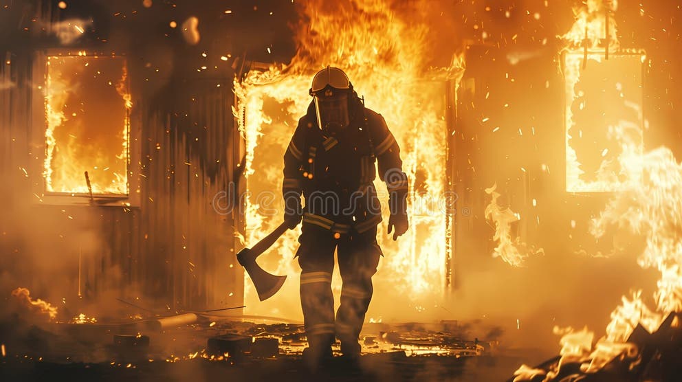Firefighter with Axe in the Fire, Firefighters Fighting a Fire ...