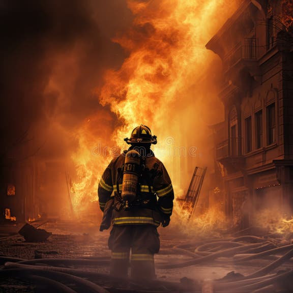 Firefighter Back View. Burning Building Stock Image - Image of fire ...