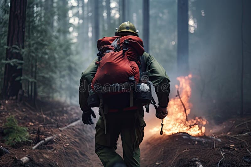 Firefighter, with Backpack and Tools, Dashing through Burning Forest ...