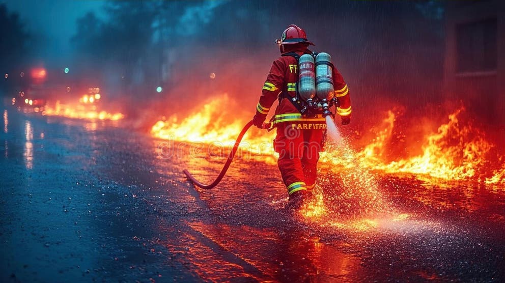 Firefighter Battling Blaze during Night Rain Stock Illustration ...