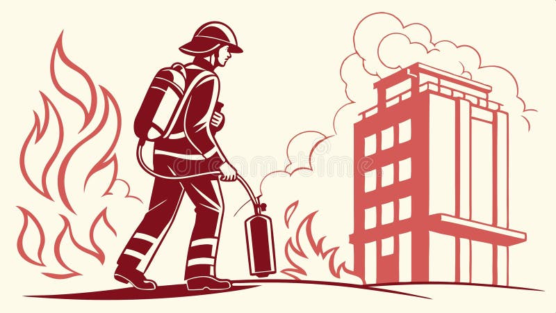 Firefighter Battling Building Fire, Emergency Response Scene. Vector ...